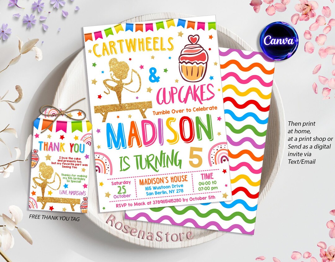 Cartwheels and Cupcakes Birthday Invitation, Gymnastics Party ...