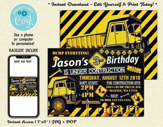 Editable Construction Invitation Construction Birthday Etsy