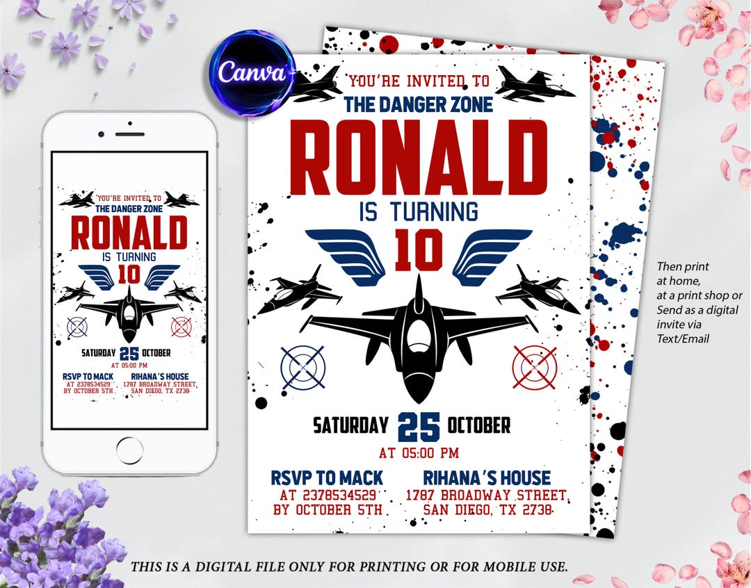 Editable Fighter Pilot Birthday Invitation, Military Invitation, Jet ...