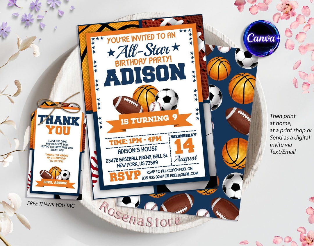 Editable Spors Birthday Invitation, Sports Invitation, All Star Party ...