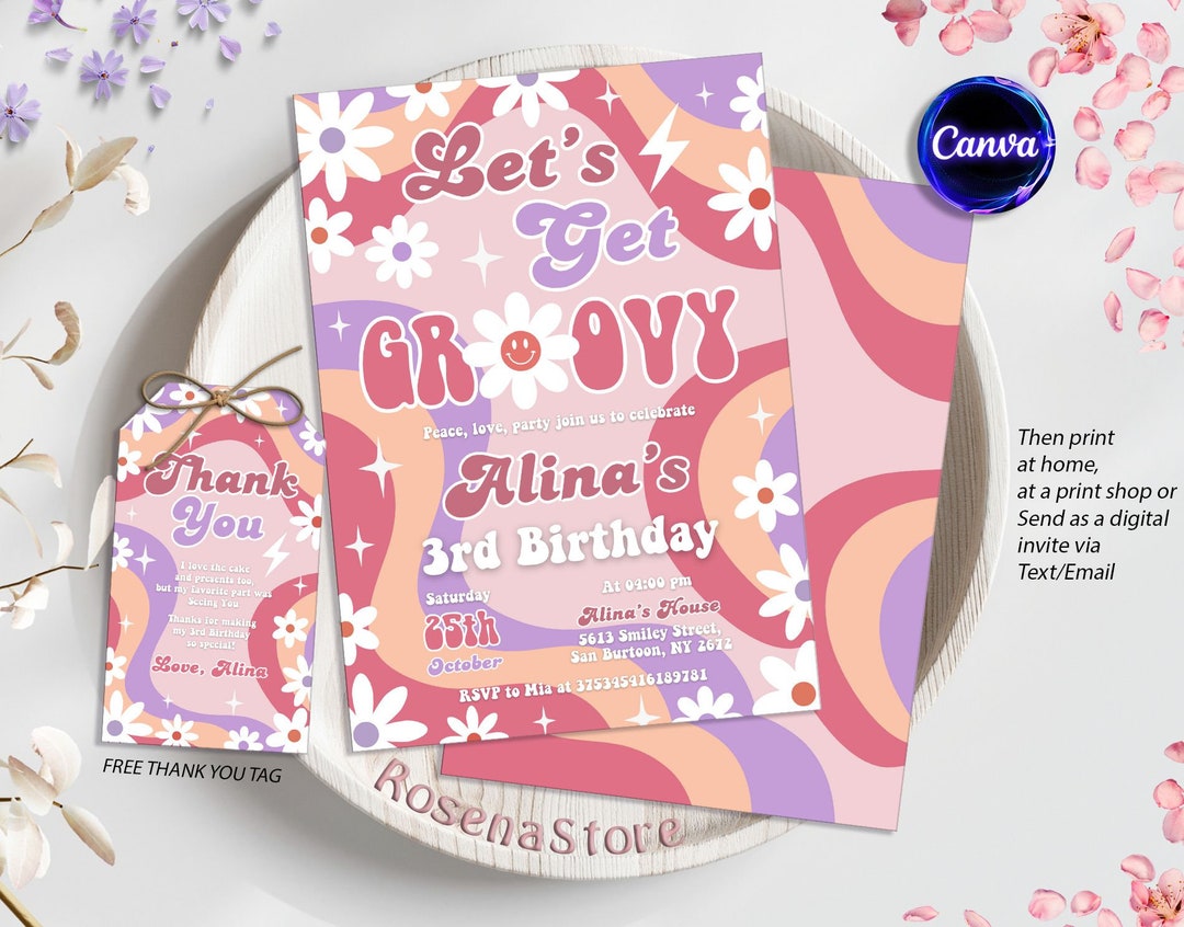 Editable Let's Get Groovy Invite, Daisy Rainbow Groovy Birthday Invite ...