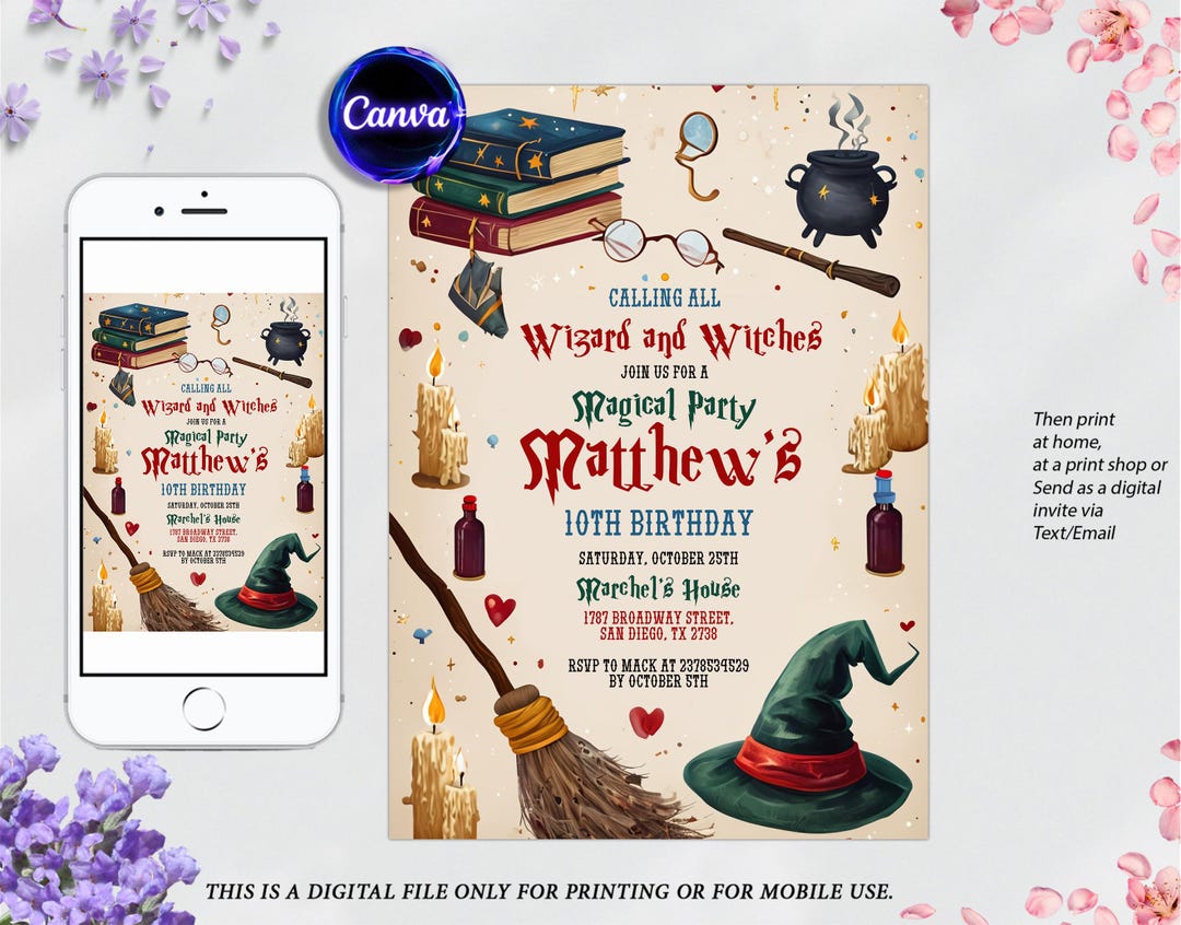 Wizards Witches Birthday Invitation, Magical Birthday Invite, Printable ...