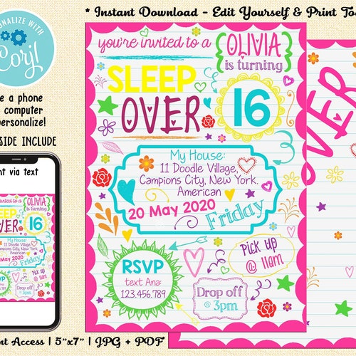 Editable Sleep Over Party Invitation Sleepover Birthday | Etsy
