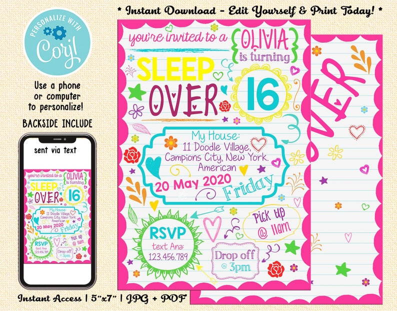 Editable Sleep Over Party Invitation Sleepover Birthday | Etsy
