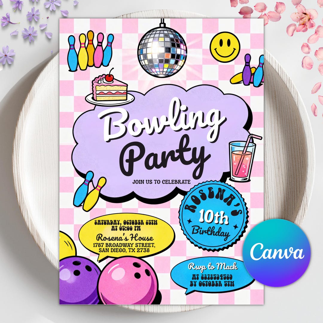 Girl Bowling Birthday Invitation, Pink Retro Party Invite, Preppy ...