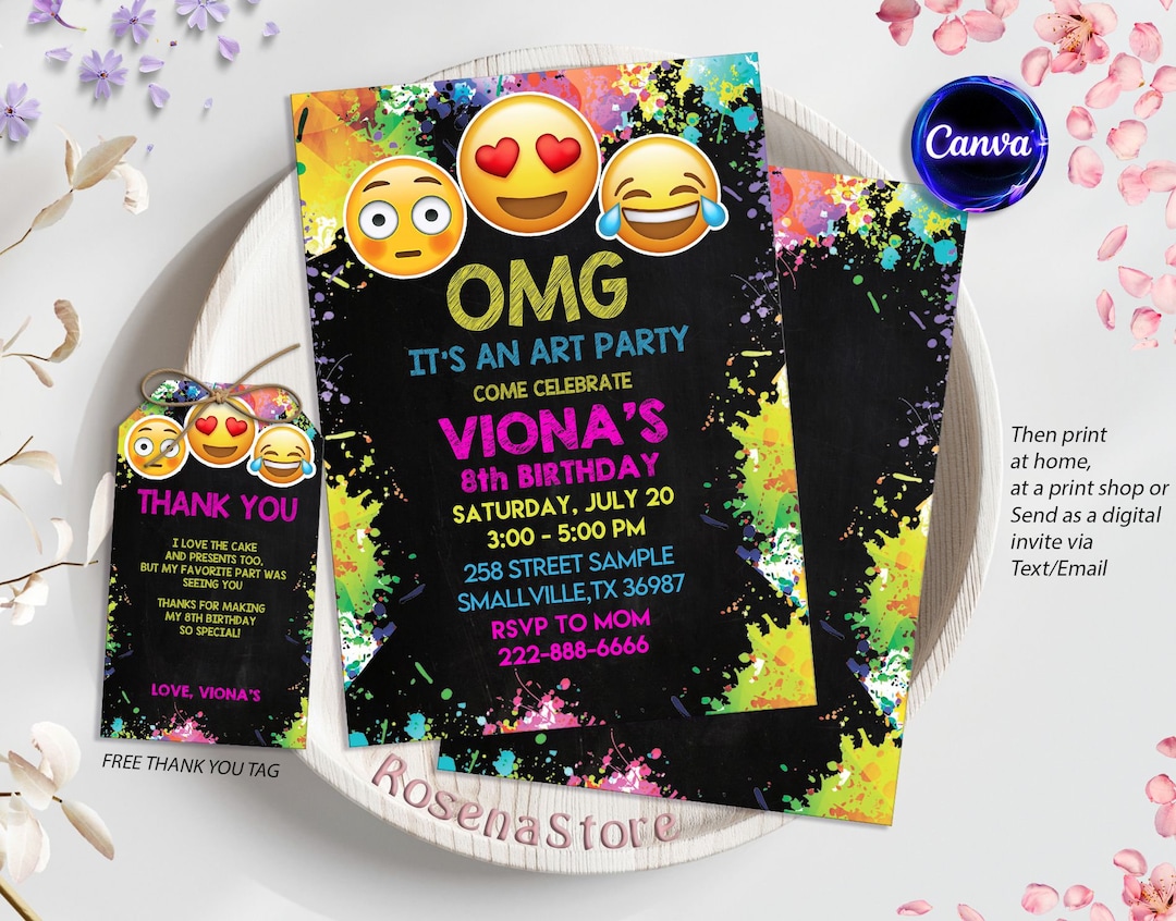 Emoji Art Birthday Invitation, Emoji Painting Party Invitation, OMG ...