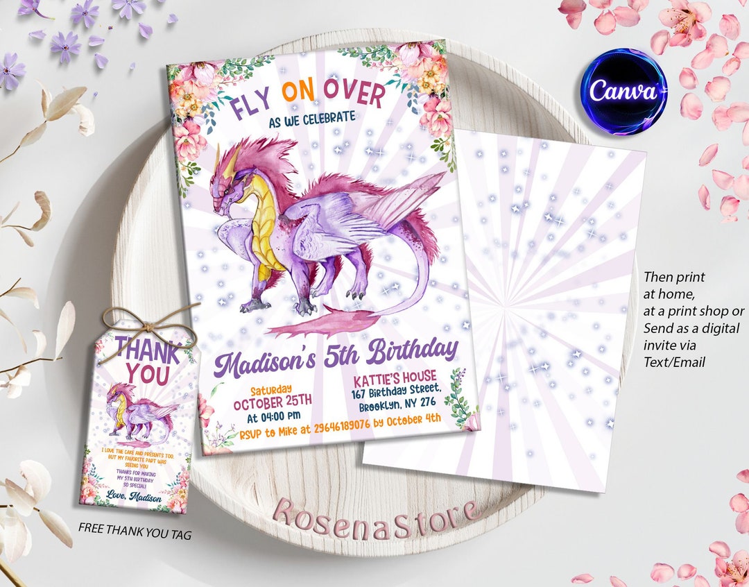 Purple Dragon Invitation, Girl Dragon Birthday Party Invitation, Dragon ...
