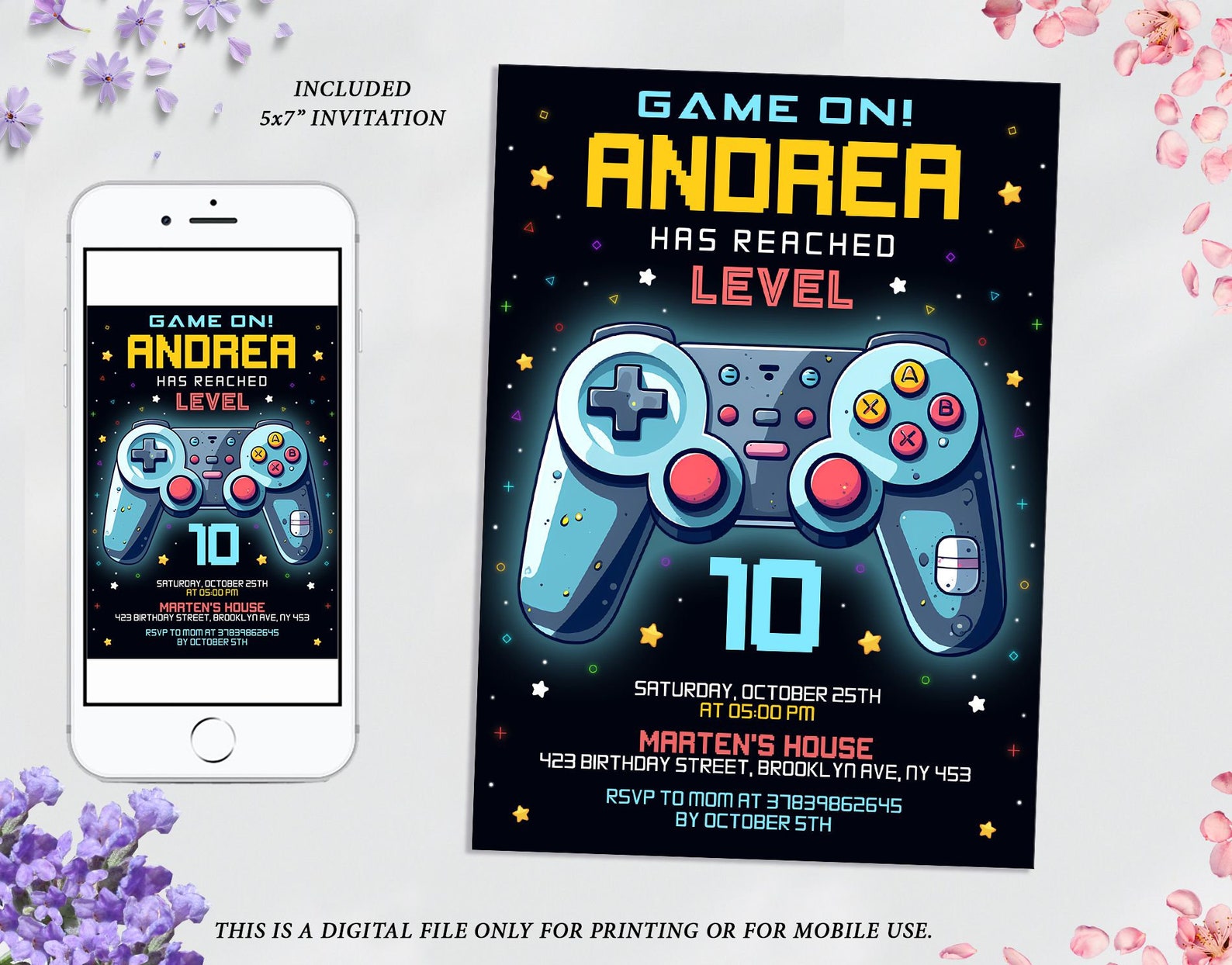 Editable Neon Game on Level up Gaming Birthday Party Invitation, Video ...