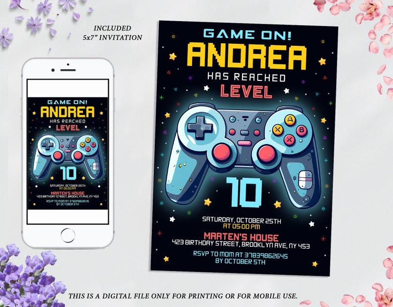 Editable Neon Game on Level up Gaming Birthday Party Invitation, Video ...