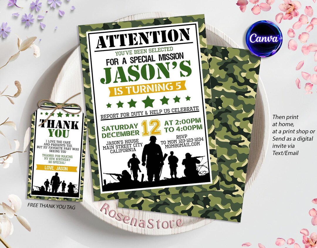 Military Party Invitations, Army Birthday Invitation, Soldier Birthday ...