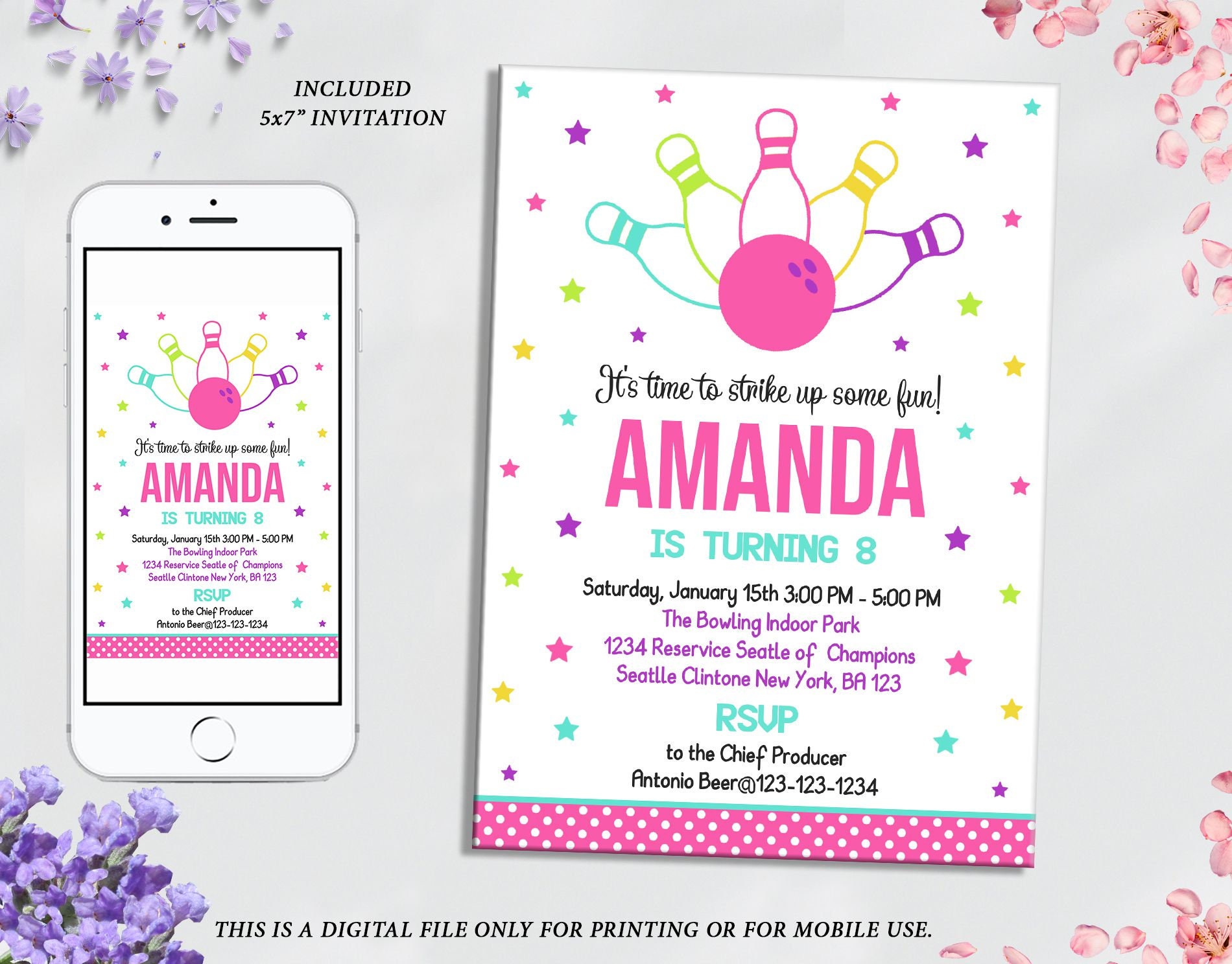 Bowling Birthday Party Invitation, Editable Invite Pins Glow Girls ...