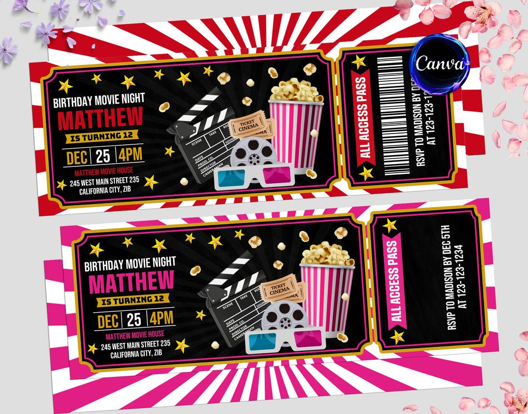Movie Ticket Invitation, Movie Birthday Party Invitation, Movie Night ...