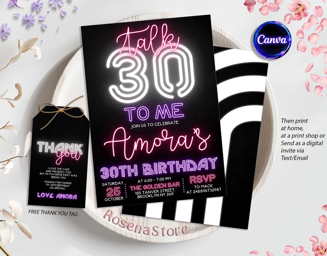 Neon 30th Invitation, 30th Birthday Invitation, Talk Thirty to Me, 30th ...