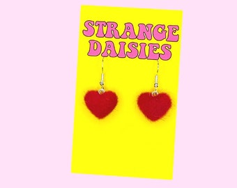 Fuzzy Red Heart Earrings - Etsy