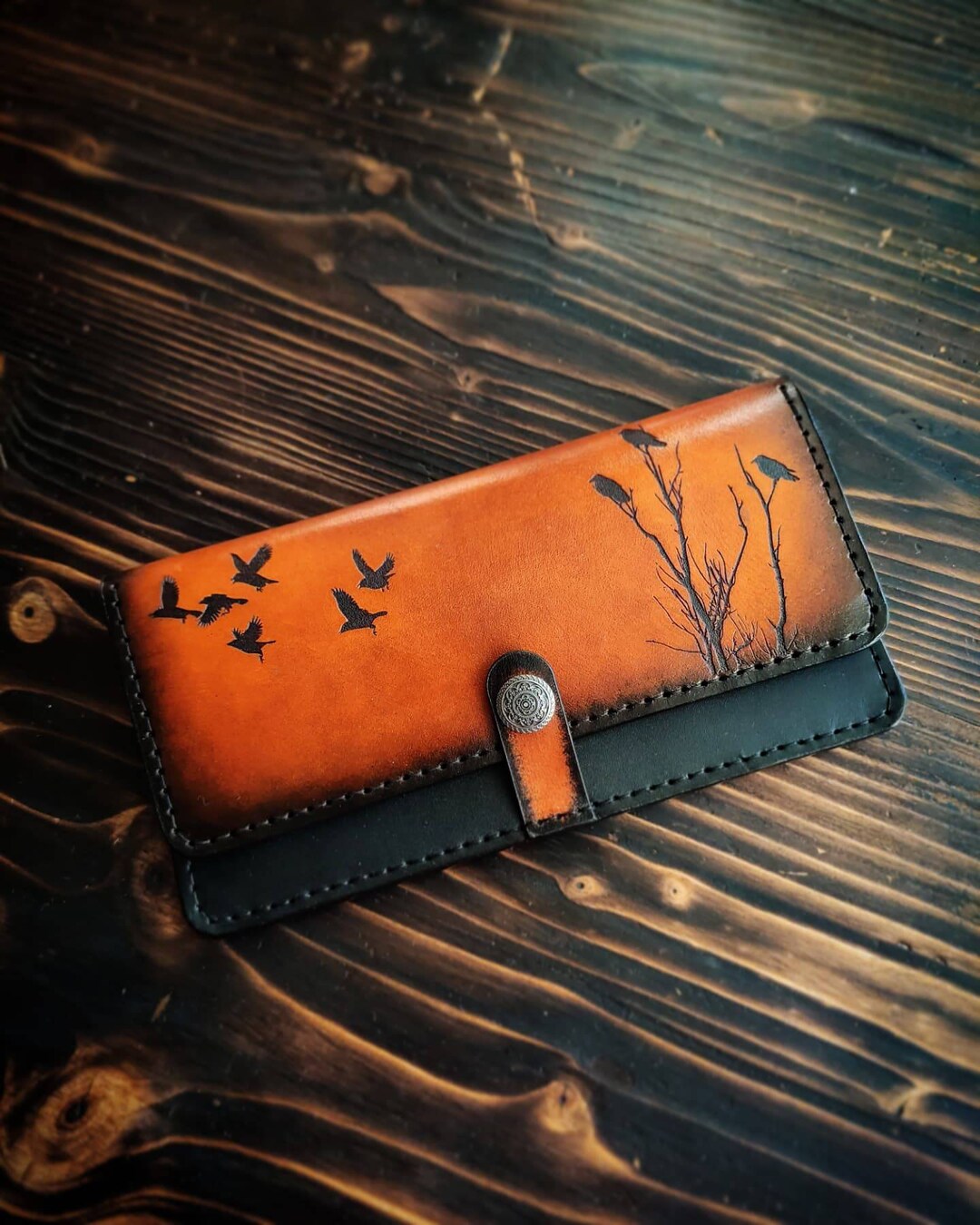 Raven Leather Wallet, Women Long Wallet, Vikings, Crow, Edgar Allan Poe ...