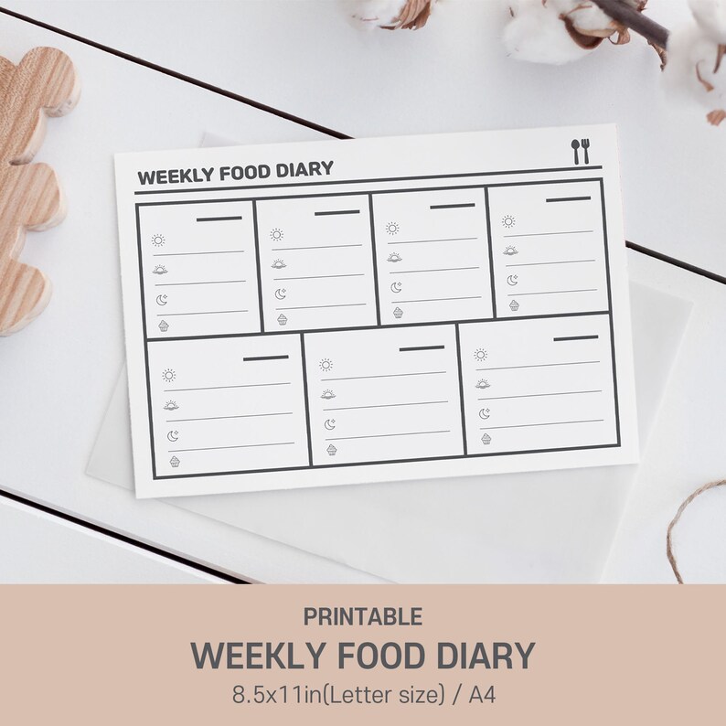 Weekly Food Diary Printable A4, US Letter Size | Meal Planner Printable ...
