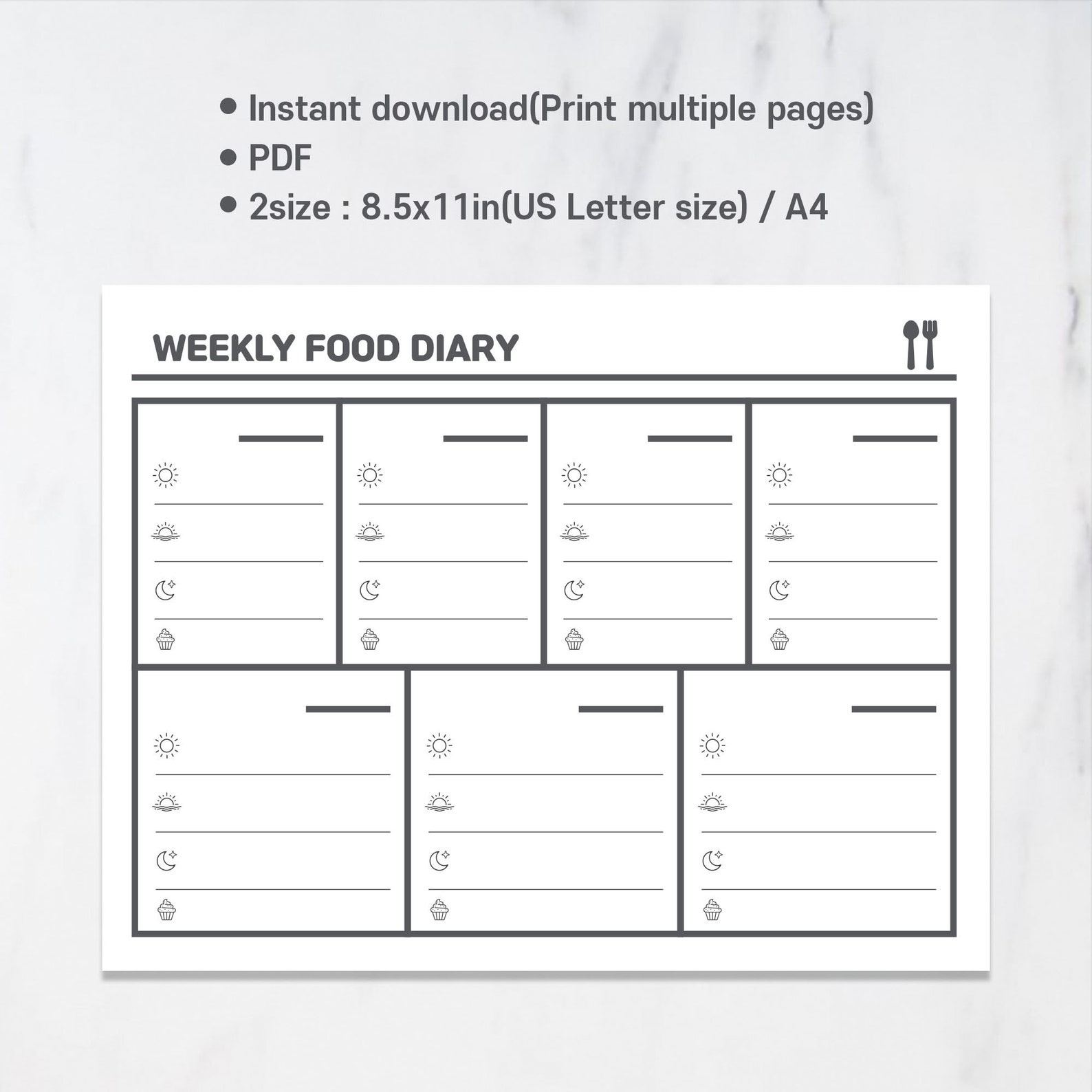Weekly Food Diary Printable A4, US Letter Size | Meal Planner Printable ...
