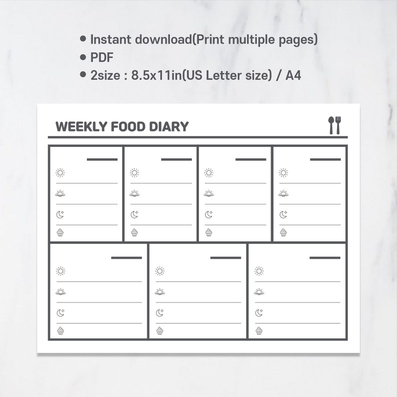Weekly Food Diary Printable A4, US Letter Size | Meal Planner Printable ...