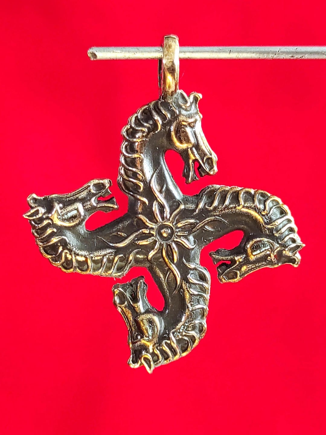 Hindu Kinnara Necklace – Bronze Sun-cross Sanskrit Amulet With Four ...