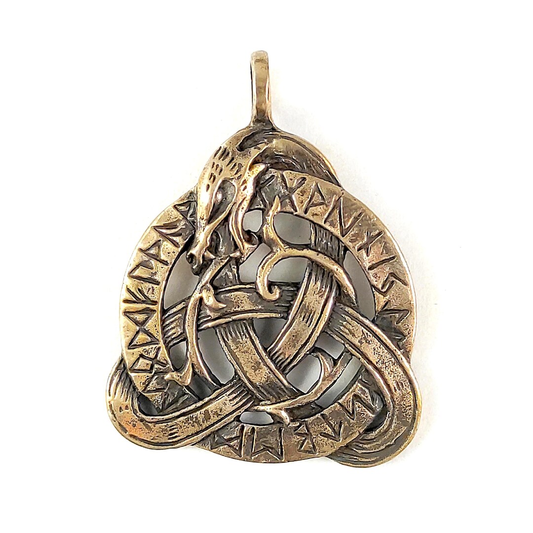 Viking Jormungandr Bronze Pendant – Norse Serpent Necklace, Pagan Runic ...