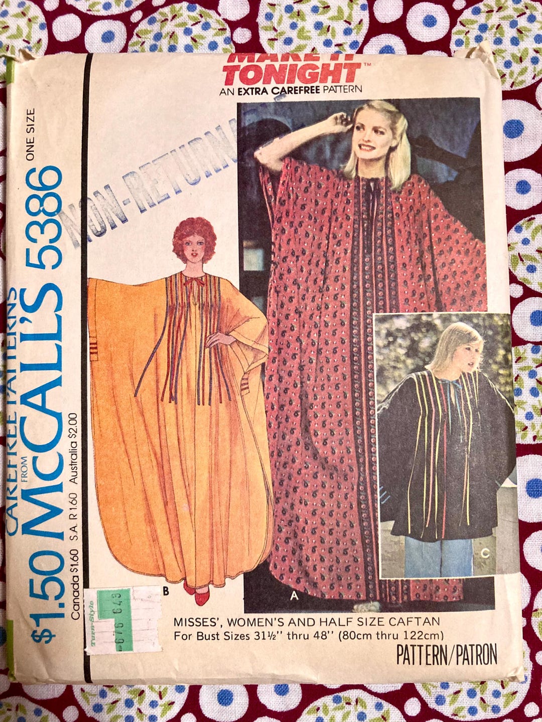 1976 Factory Fold One Size Mccalls 5386, Free Size Caftan Dress or Top ...