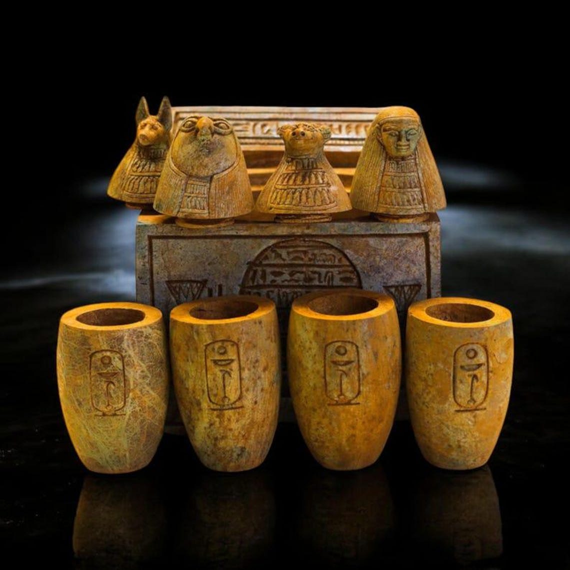 Rare Ancient Egyptian Canopic Jars Set: Sons of Horus Flame Stone Relic ...