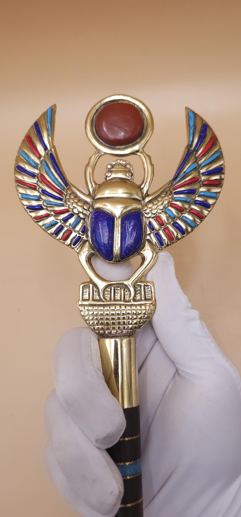Handcrafted Egyptian Scarab Scepter: Brass, Ebony & Gemstones - Etsy