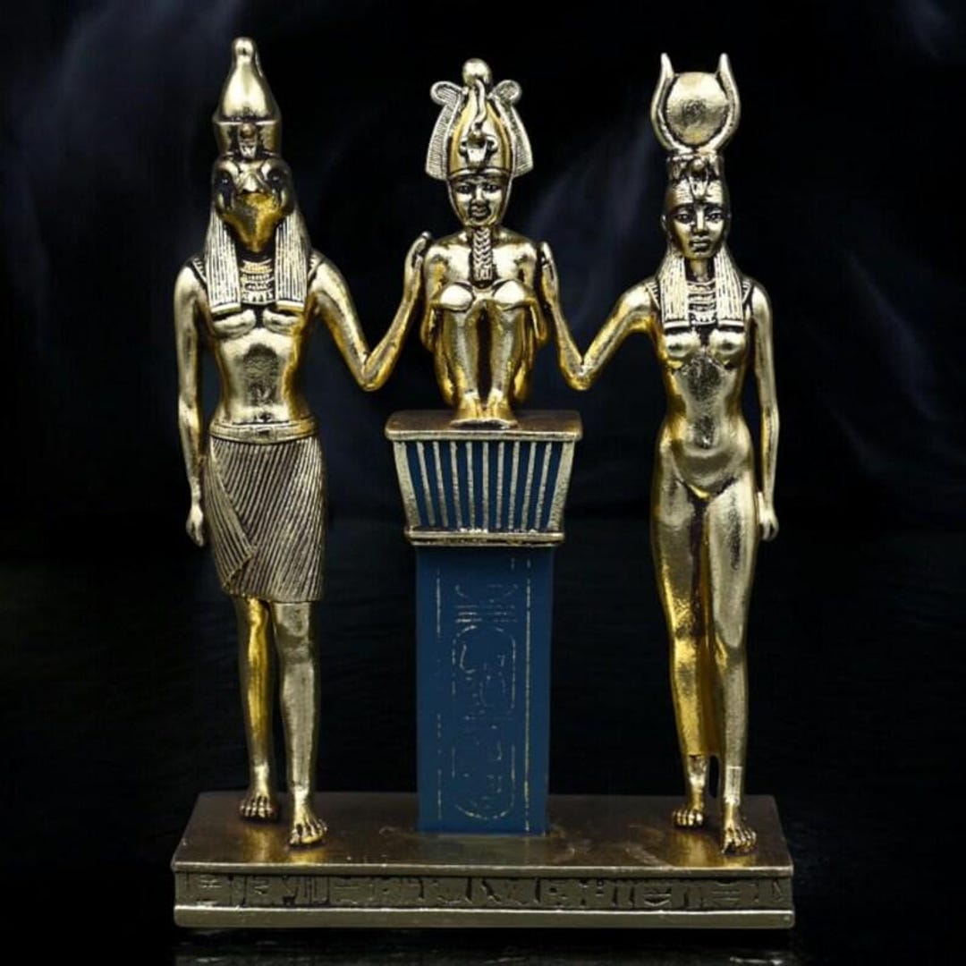 Golden Triad Statue Osiris, and His Son Horus With the Head of a Falcon ...