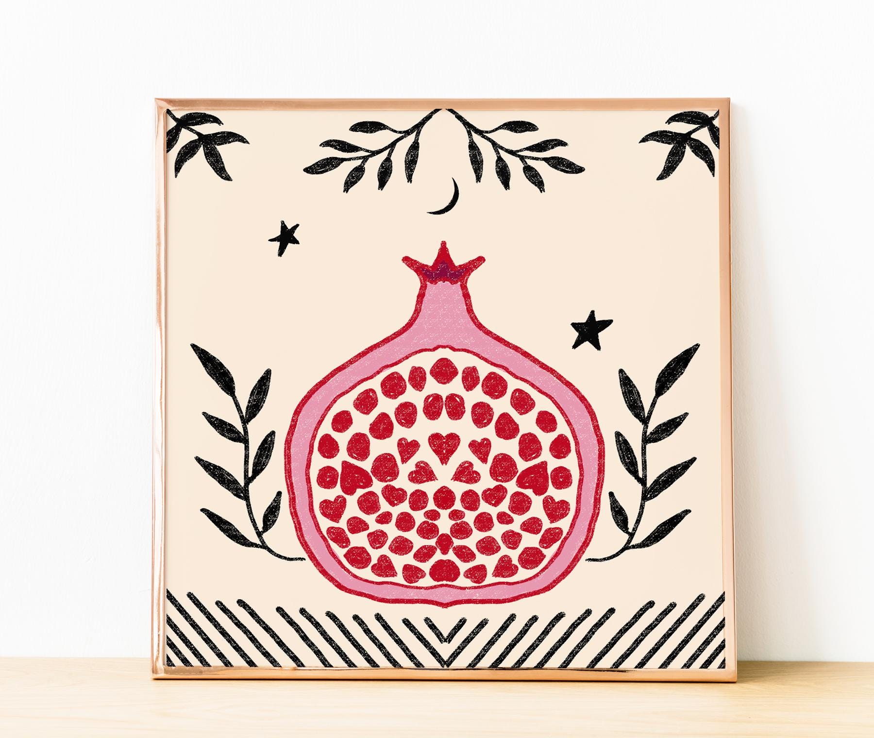 Pomegranate | Anaar Hand Drawn Artwork, Botanic Printable, Square Wall Art, Elegant Chic Home ...