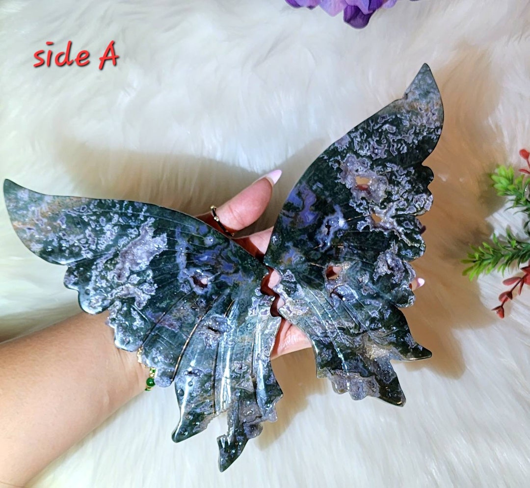 Big Moss Agate Angel Wings on Display Stand / Moss Agate / Wings ...