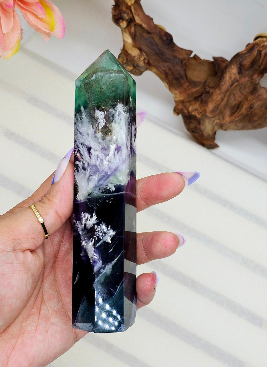 Snowflakes Fluorite Tower / 5.75" / Rainbow Fluorite / Quartz / Chakra ...
