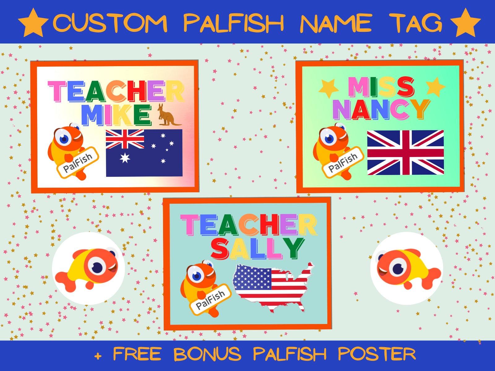 PalFish personalisiertes Namensschild mit Flagge + GRATIS Bonus Poster ...