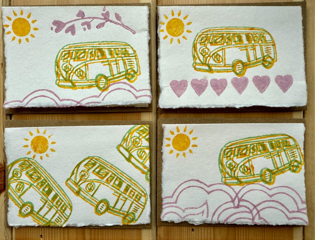 Handprinted Camper Van Note Cards: Recycled Paper, Woodblock Design - Etsy