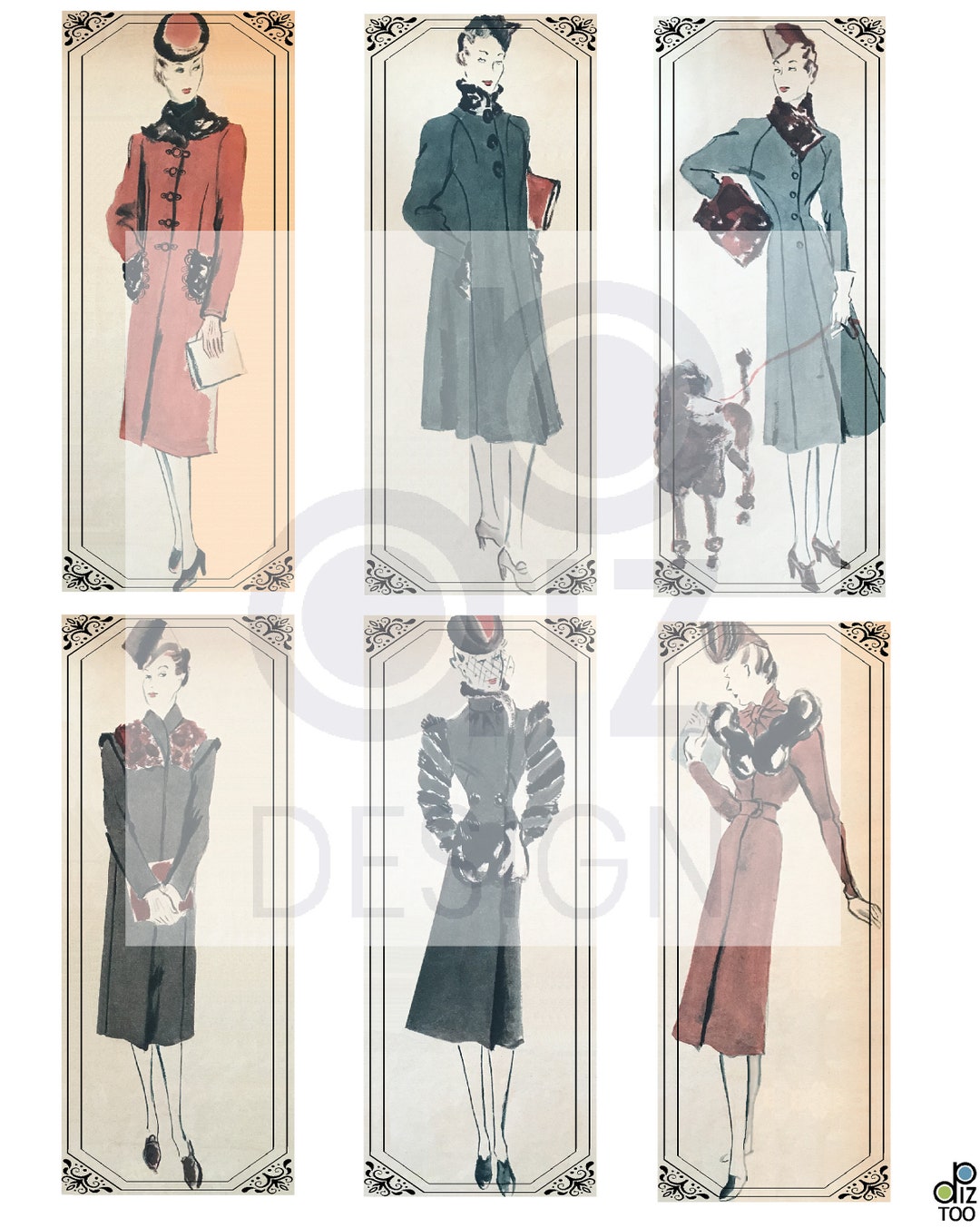 Fashion Coat Illustrations 1938 Vintage Digital Inspiration Tags Cards ...