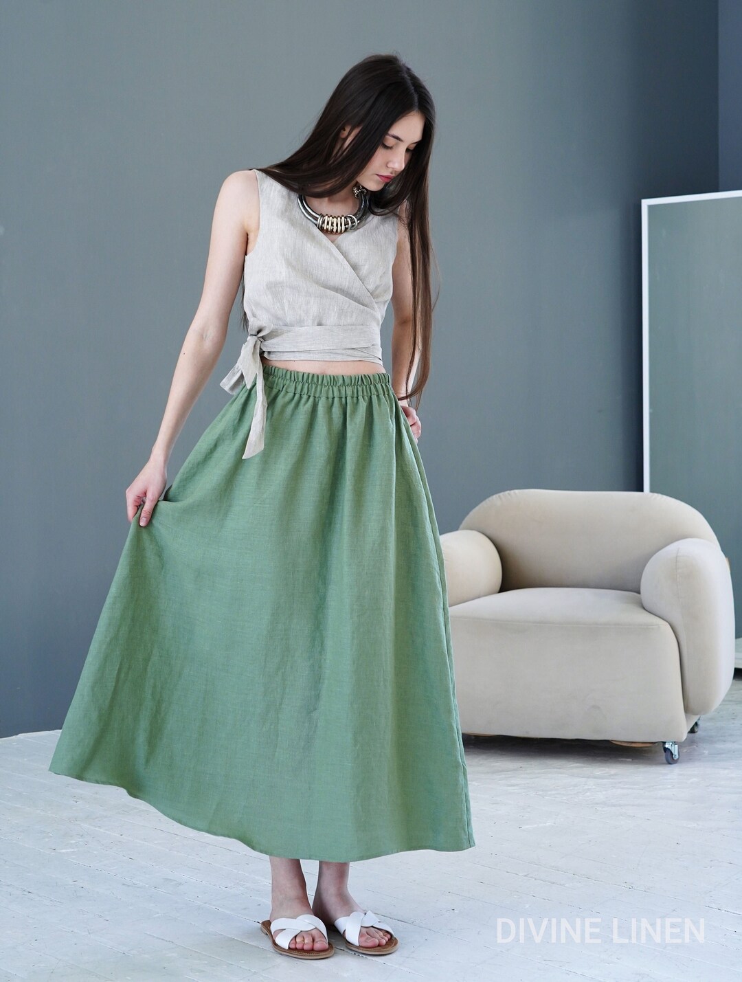 Linen Maxi Skirt for Women | High Waist A Line Skirt With Pockets ...