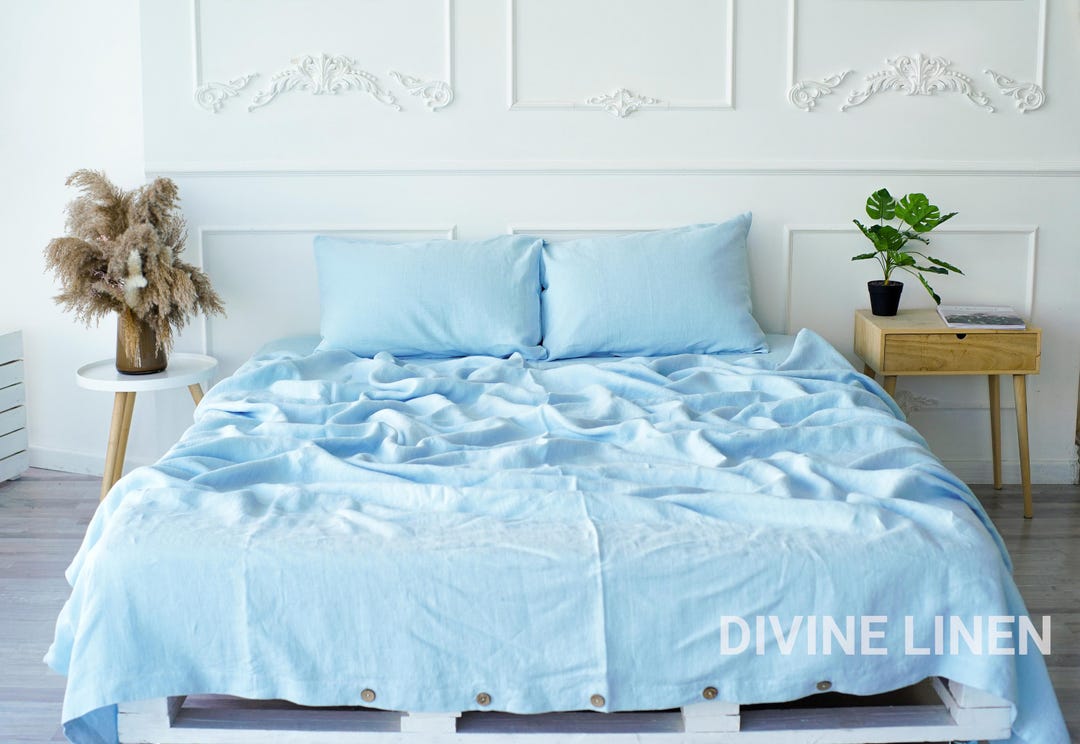 Light Blue Linen Sheet Set | 1 Sky Blue Linen Flat Sheet + 1 Linen ...