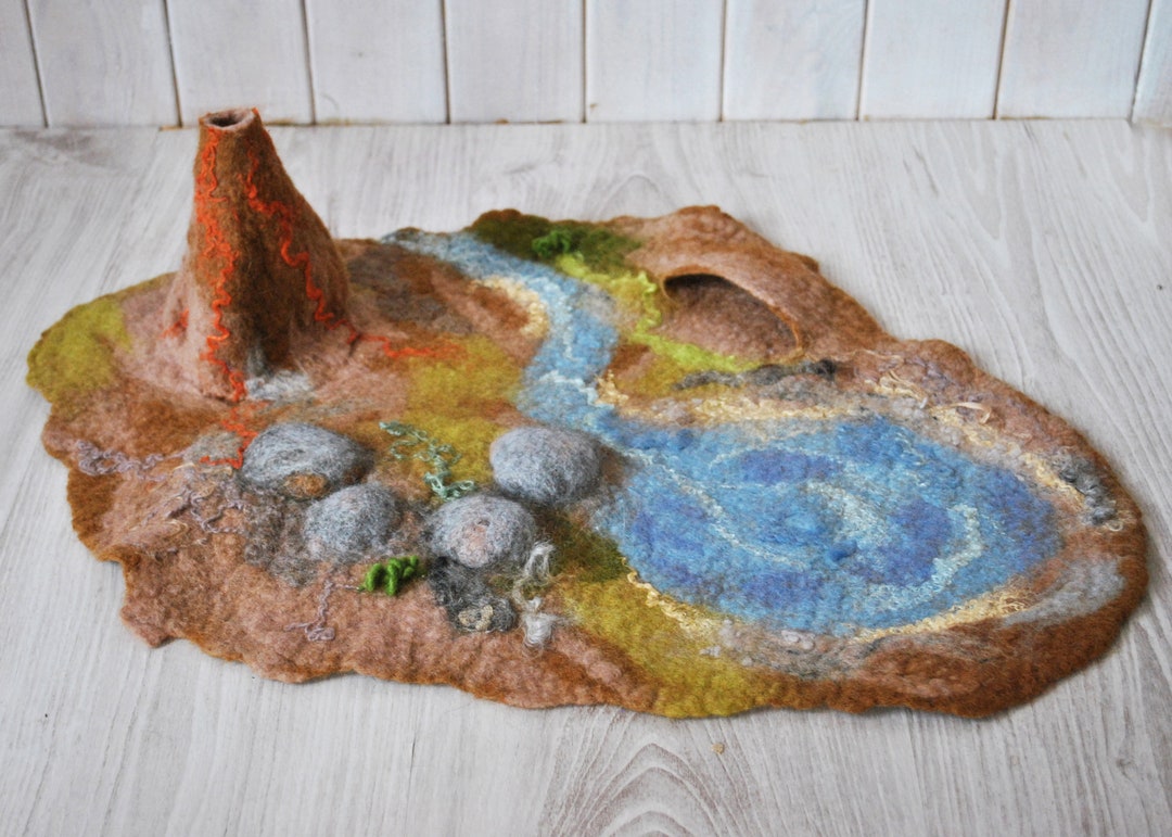 Volcano Felted Play Mat, Waldorf Inspired Dinosaur Playscene, 3D ...