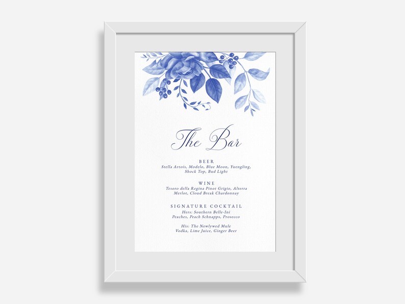 Blue Porcelain Editable Bar Menu Sign Printable Floral - Etsy