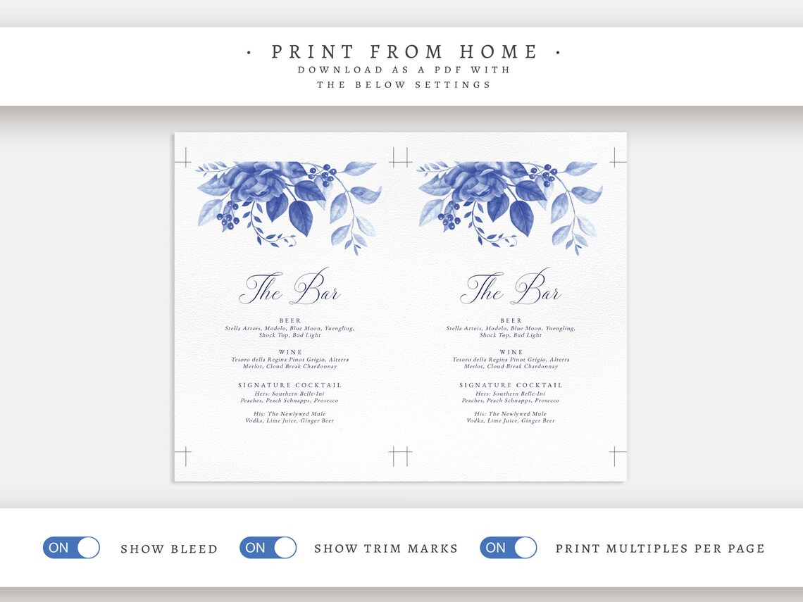Blue Porcelain Editable Bar Menu Sign Printable Floral - Etsy