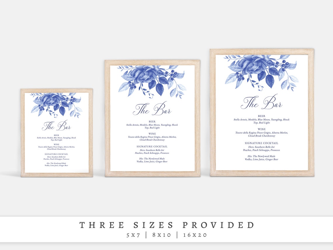Blue Porcelain Editable Bar Menu Sign Printable Floral - Etsy