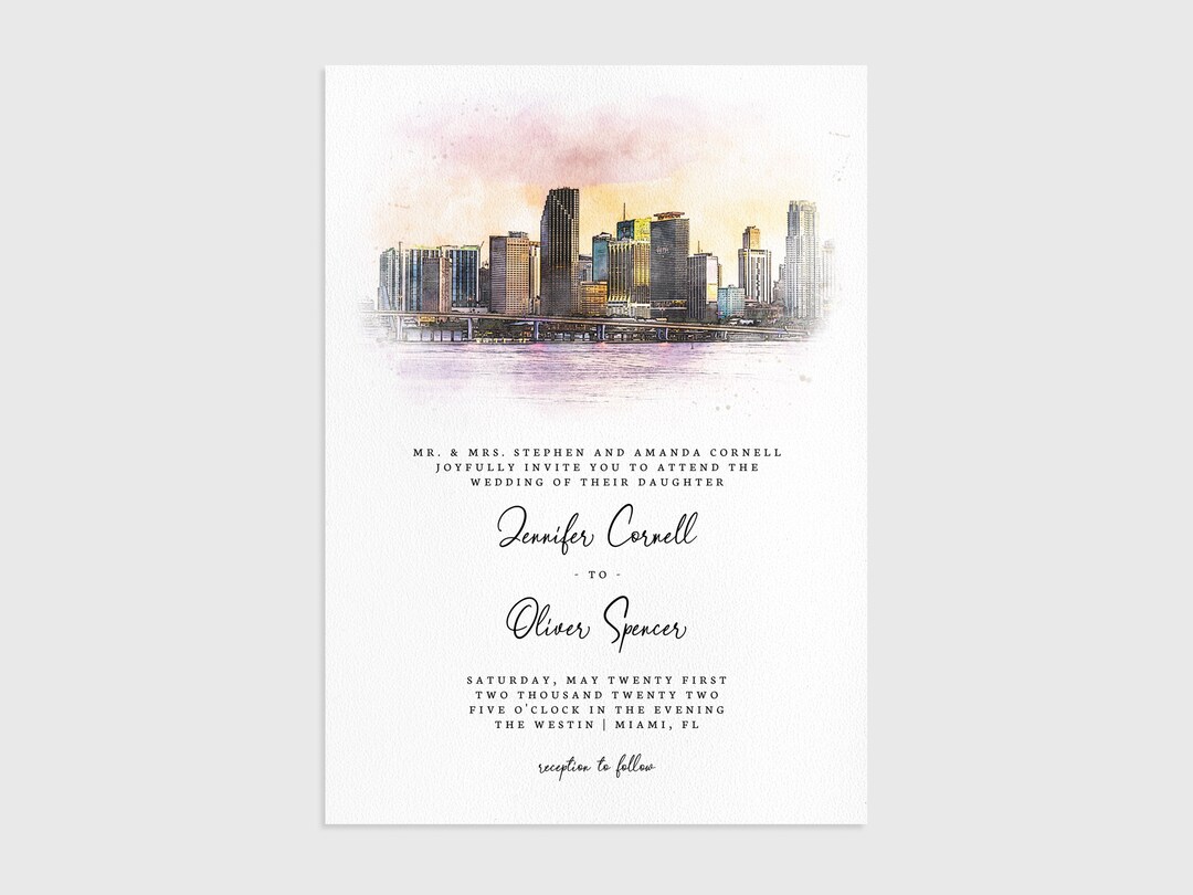 Miami Watercolor Wedding Invitation, Editable Downtown City Skyline ...