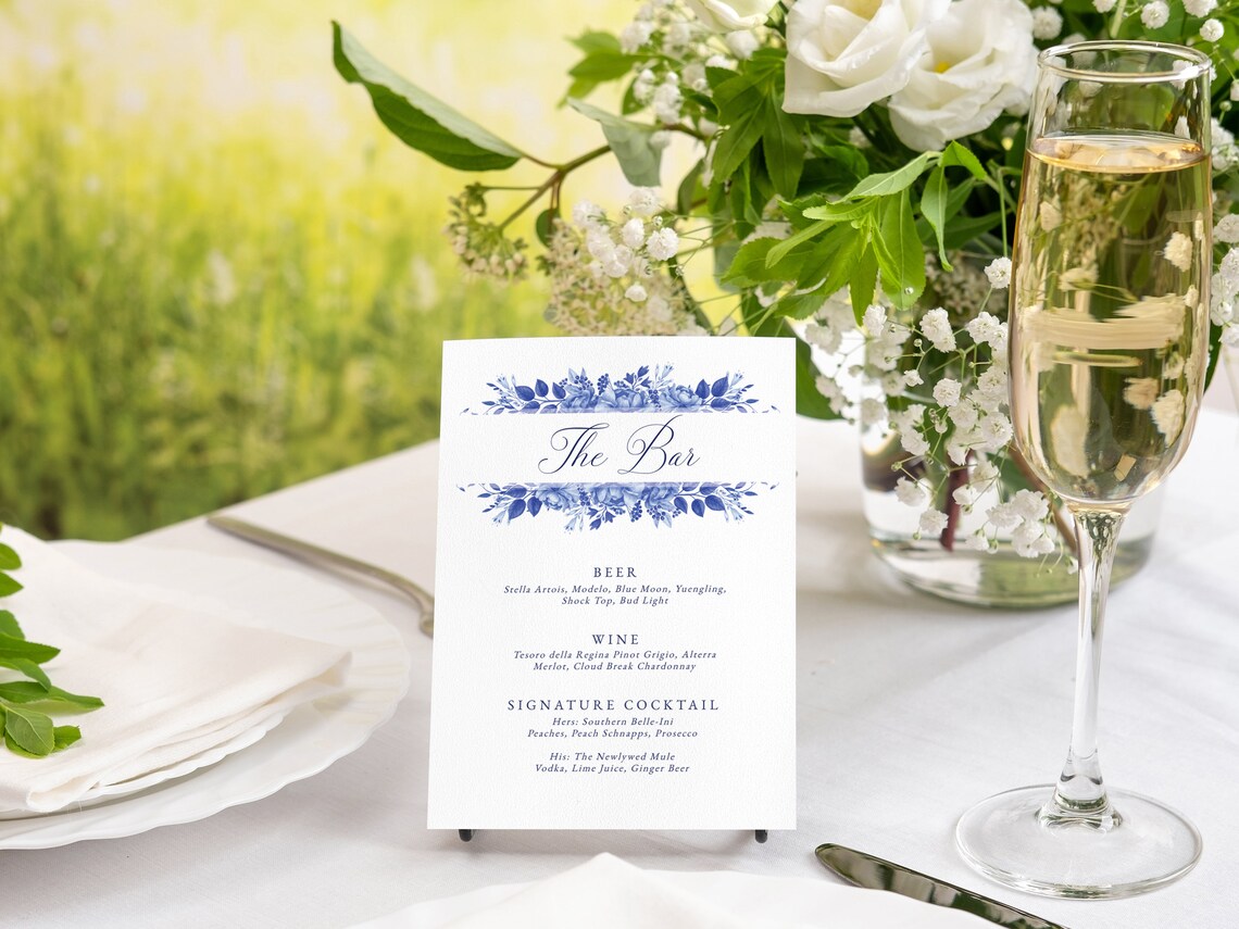 Blue Porcelain Editable Bar Menu Sign Printable Floral - Etsy
