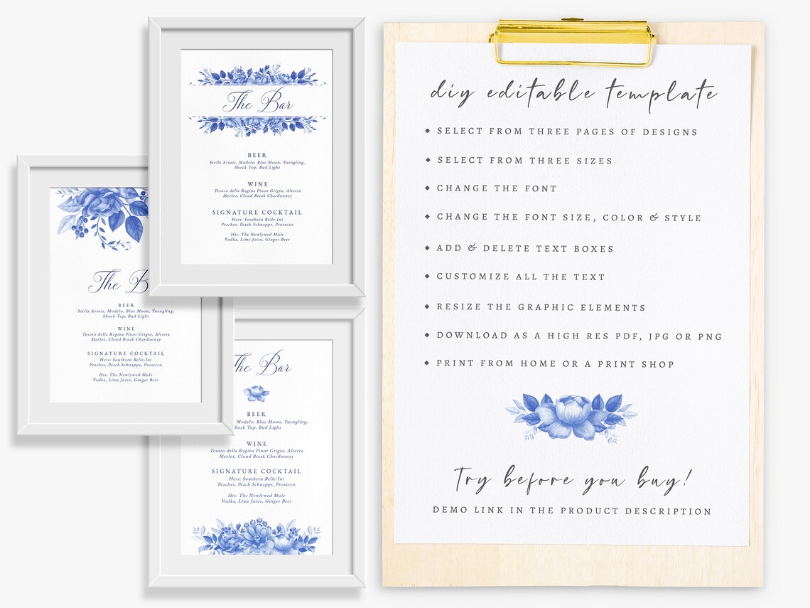 Blue Porcelain Editable Bar Menu Sign Printable Floral - Etsy