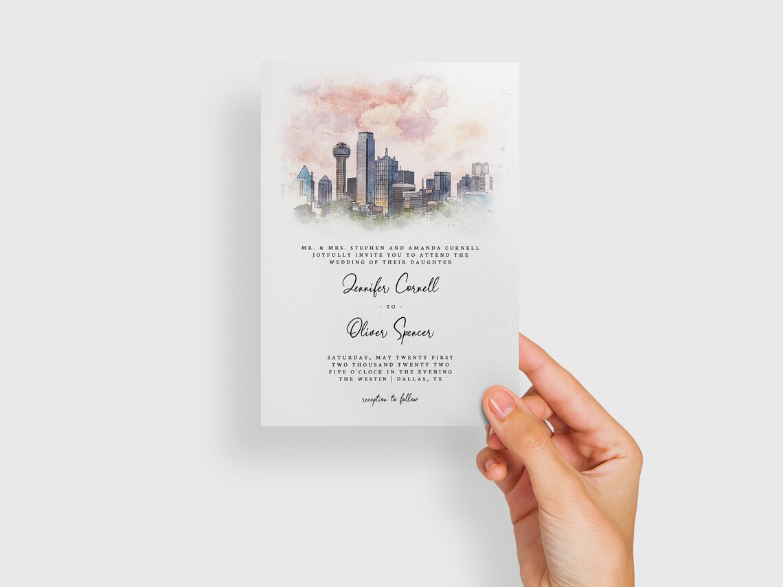 Dallas Watercolor Wedding Invitation Editable Downtown City | Etsy