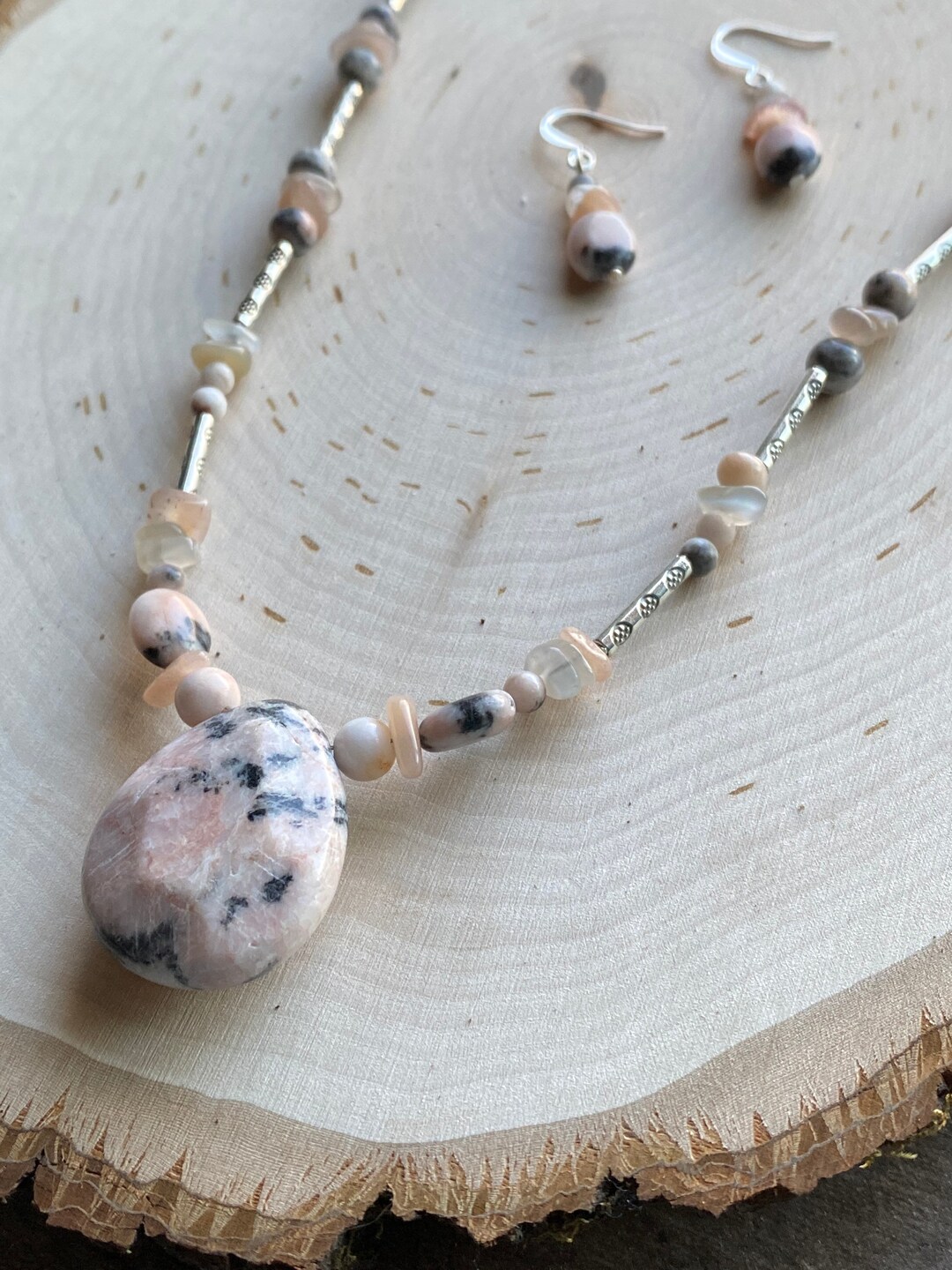 Pink Jasper Pendant With Brazilian Moonstone Necklace and Earring ...