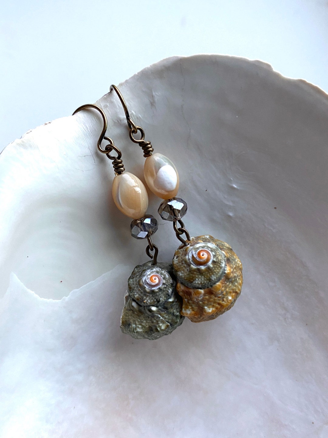 Natural Sea Snail Shell Beaded Earrings With Czech Glass and Ivory ...