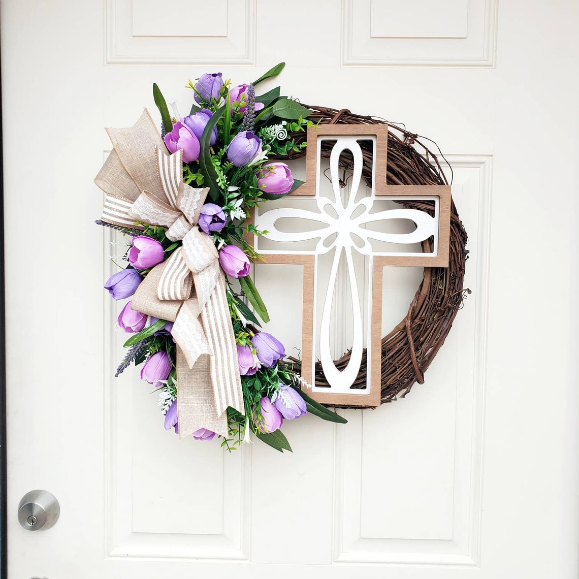 Religious Easter Wreath for Front Door Tulip Wreath Cross - Etsy