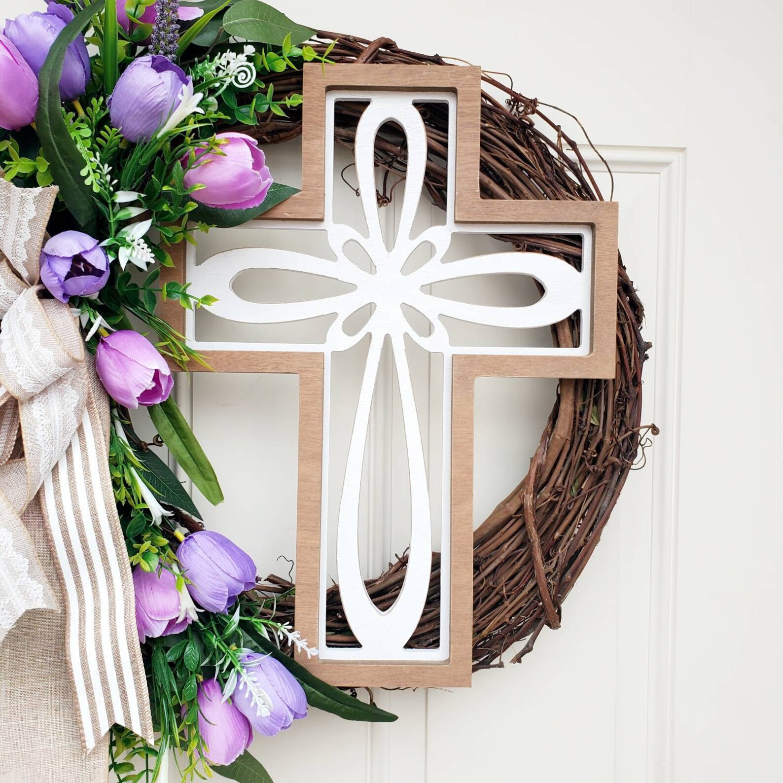 Religious Easter Wreath for Front Door Tulip Wreath Cross - Etsy