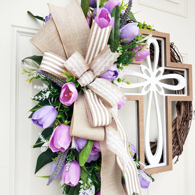 Religious Easter Wreath for Front Door Tulip Wreath Cross - Etsy