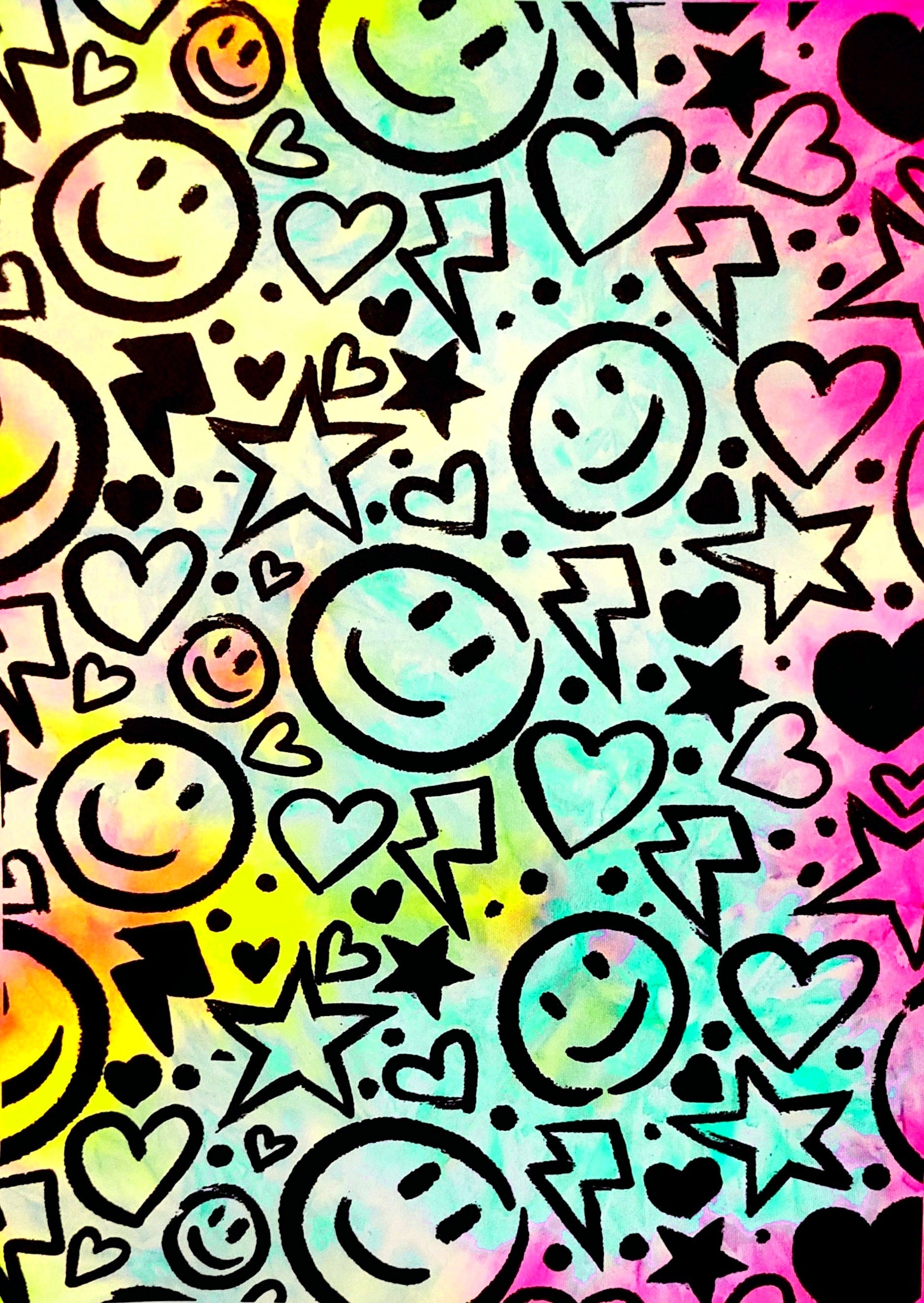 Smiley Face Doodles on Printed Tie Dye DBP Fabric. Available - Etsy
